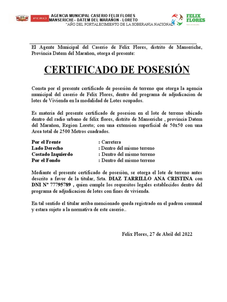Modelo de Certificado de Posesion | PDF | Derecho