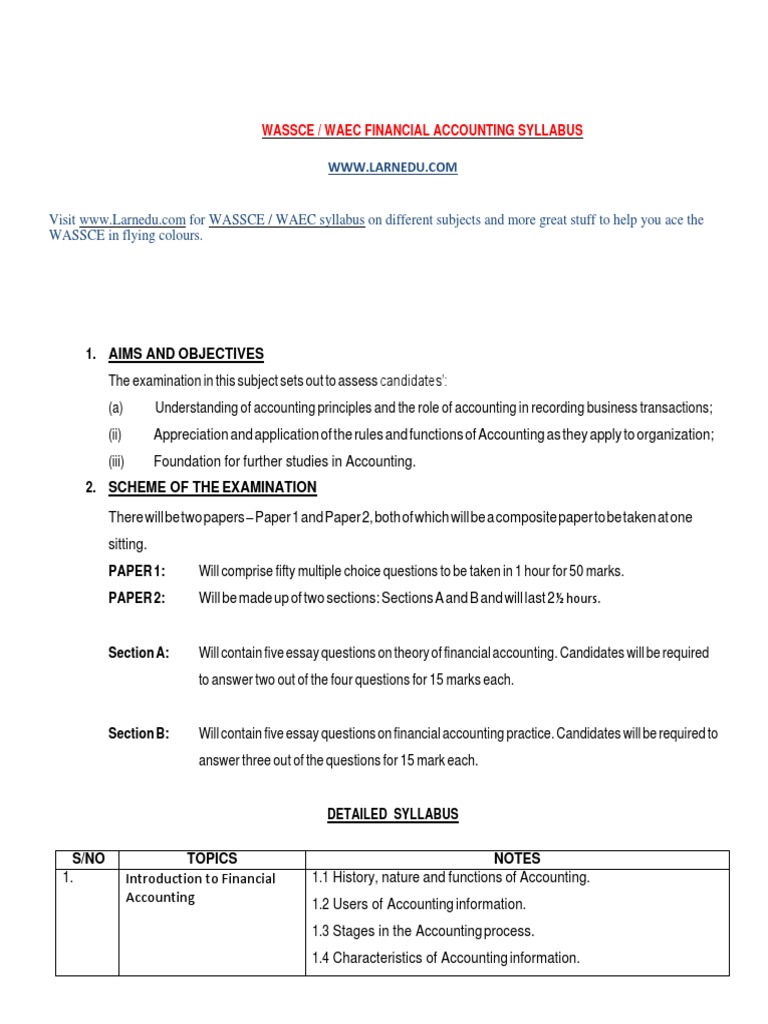 WASSCE WAEC Financial Accounting Syllabus | PDF | Balance Sheet | Accounting