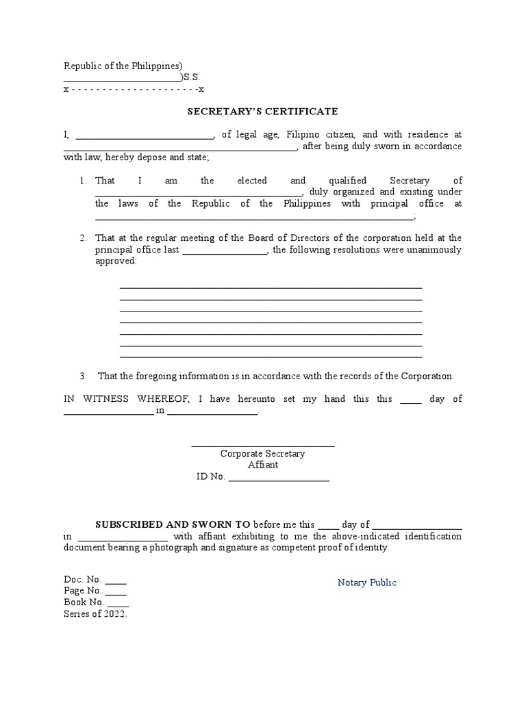 Secretary's Certificate | PDF | Identity Document | Government And ...