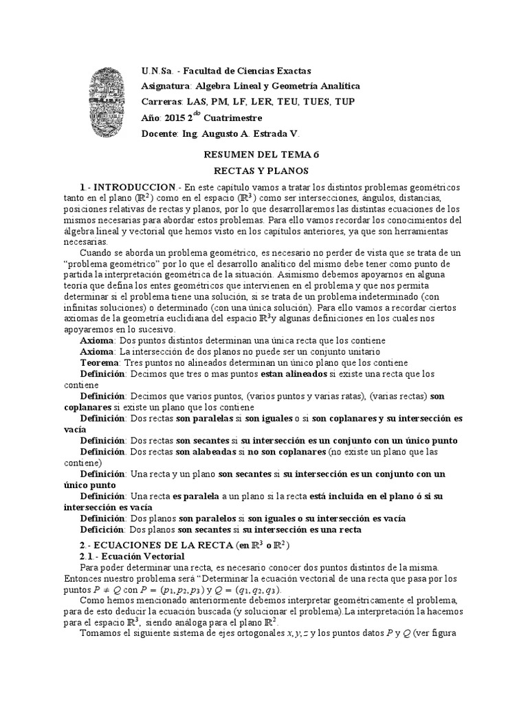 Resumen - Tema - 6 - Rectas y Planos | PDF | Geometria plana) | Vector Euclidiano
