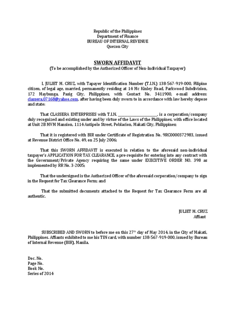 BIR Sworn Affidavit | PDF