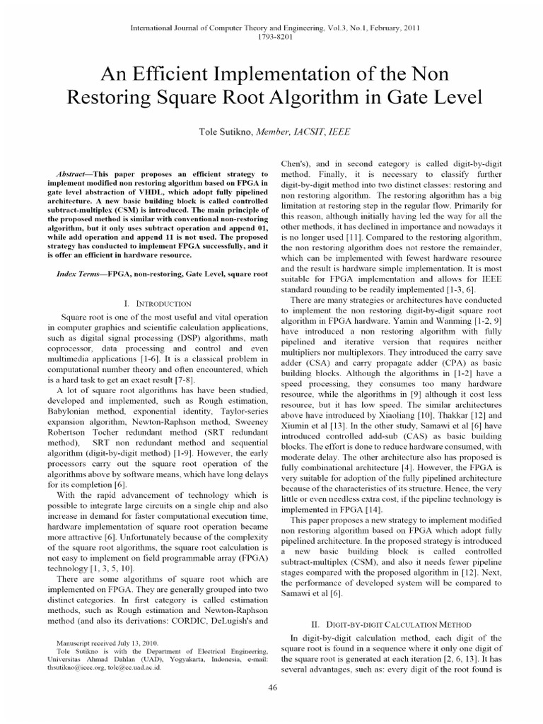 An Efficient Implementation of The Non Restoring Square Root Algorithm in Gate Level | PDF