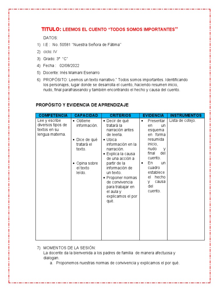 Sesion de Comp - Lect-Todos Somos Importante Con List.2 | PDF | Narración