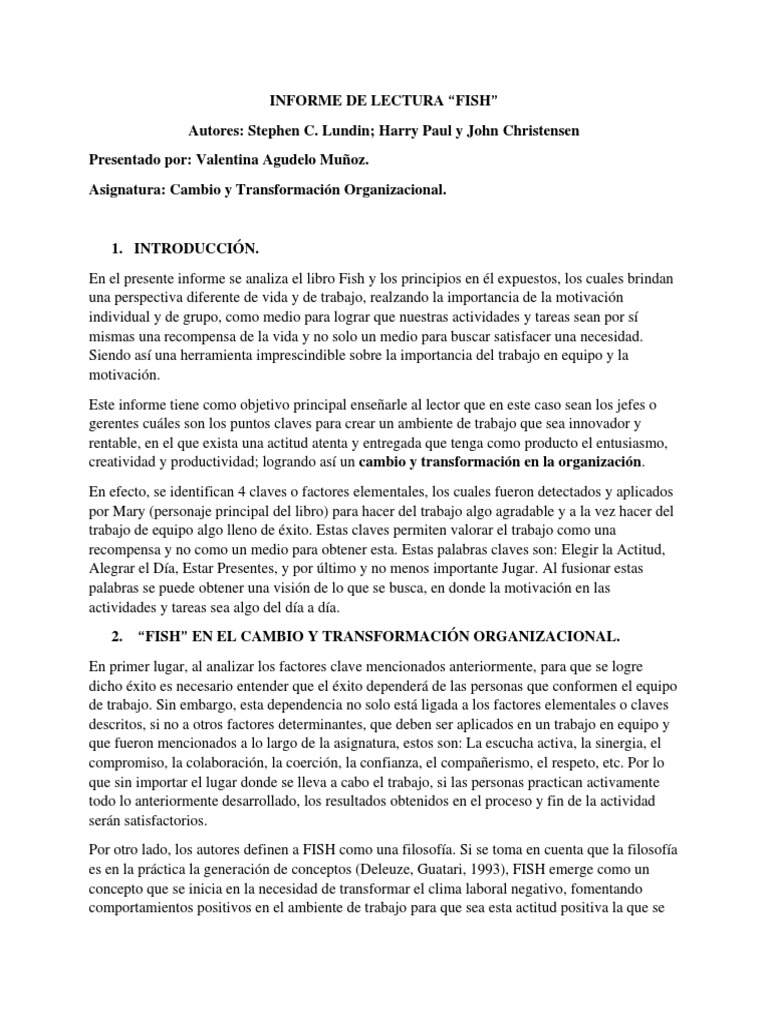 Informe Lectura Libro Fish | PDF | Motivación | Motivacional