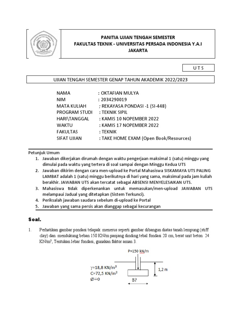 Soal - 48 - SOAL UTS REKAYASA PONDASI - 1 (SI-448) KAMIS 10 NOVEMBER 2022 | PDF | Sains & Matematika