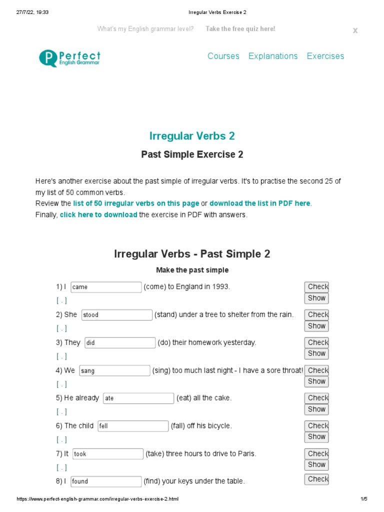 Irregular Verbs Past Simple Exercise 2 | PDF | English Grammar ...