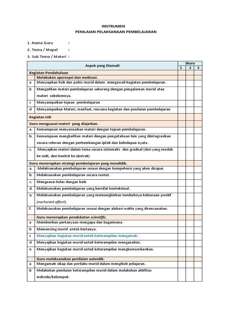 Instrumen Pengamatan Observasi Pembelajaran Lembar Kosong | PDF