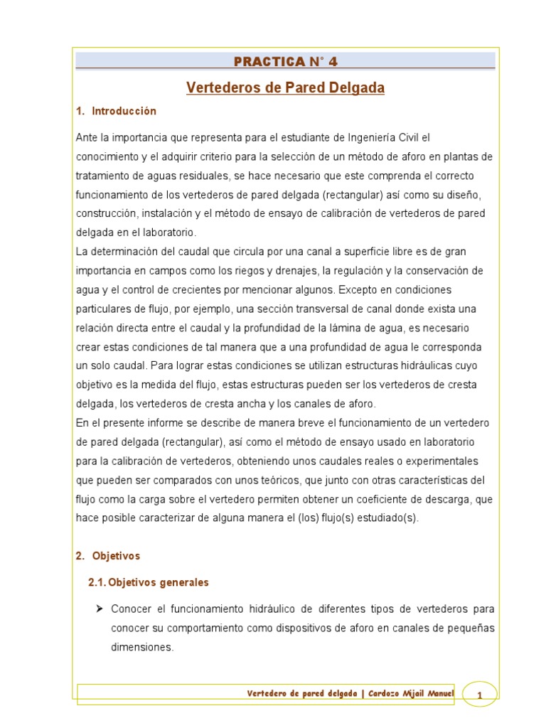 Vertedero de Pared Delgada - Practica 4 | PDF | Agua | Metrología