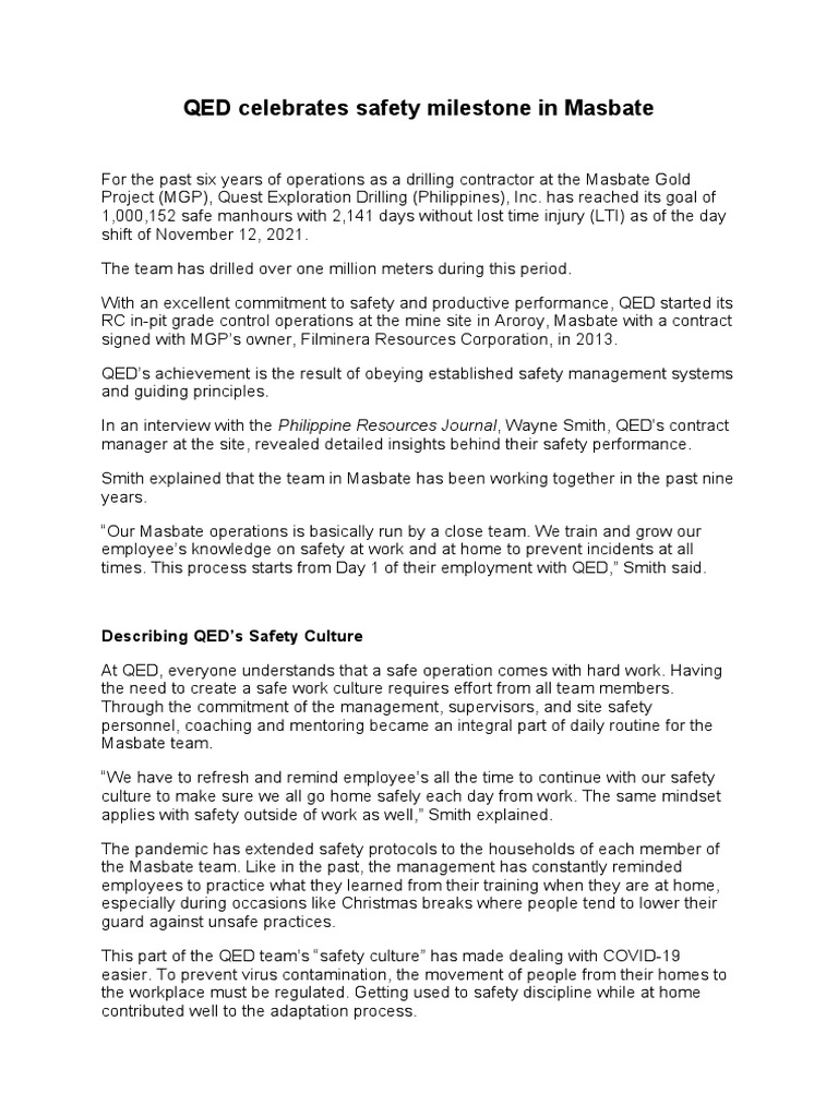 QED Achieves 1 Million Safe Manhours | PDF | Employment | Business
