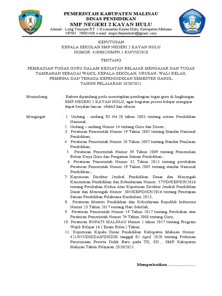 SK Pembagian Tugas 2020.2021 | PDF