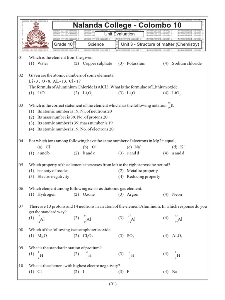 Grade 10 Science Unit 3: Matter Structure | PDF | Chemical Elements | Atoms