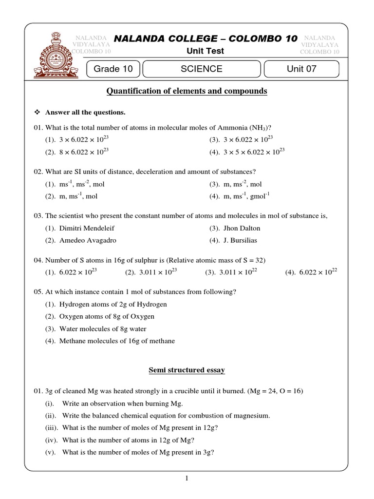 Unit 7: Quantification in Chemistry | PDF | Mole (Unit) | Magnesium
