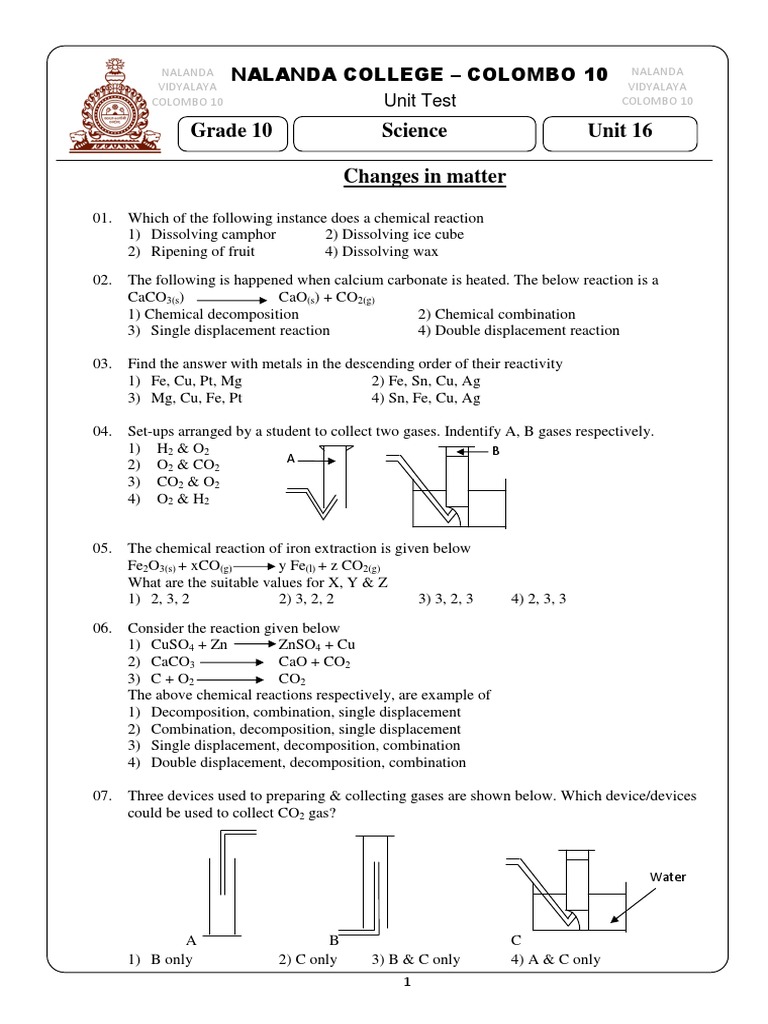 Grade 10 Science Unit 16: Reactions | PDF | Iron | Blast Furnace