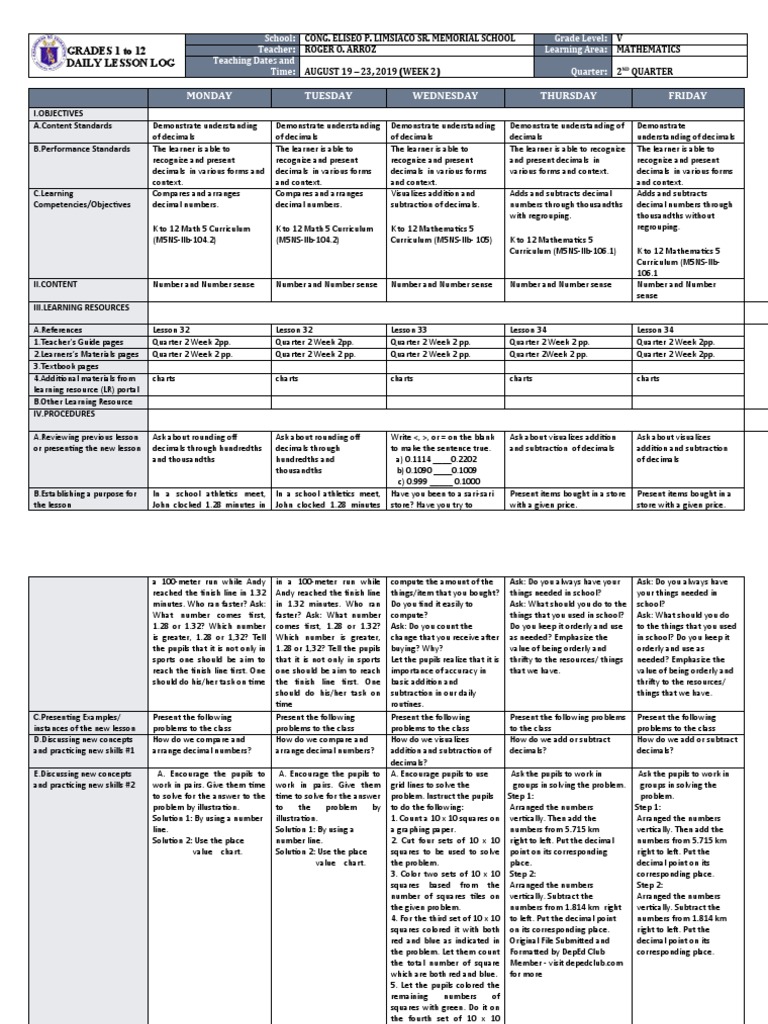 DLL - Mathematics 5 - Q2 - W2 | PDF | Numbers | Subtraction