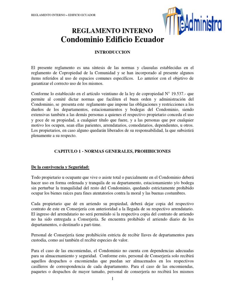 REGLAMENTO INTERNO Condominio Edificio Ecuador | PDF | Condominio | Multa (pena)