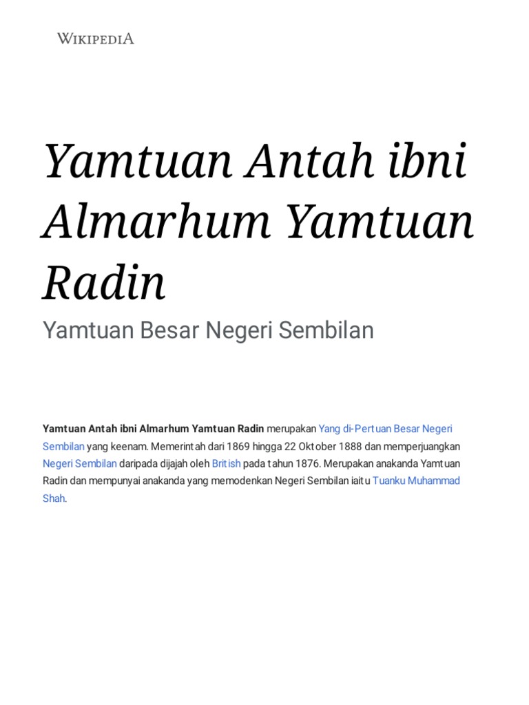 Yamtuan Antah Ibni Almarhum Yamtuan Radin - Wikipedia Bahasa Melayu ...