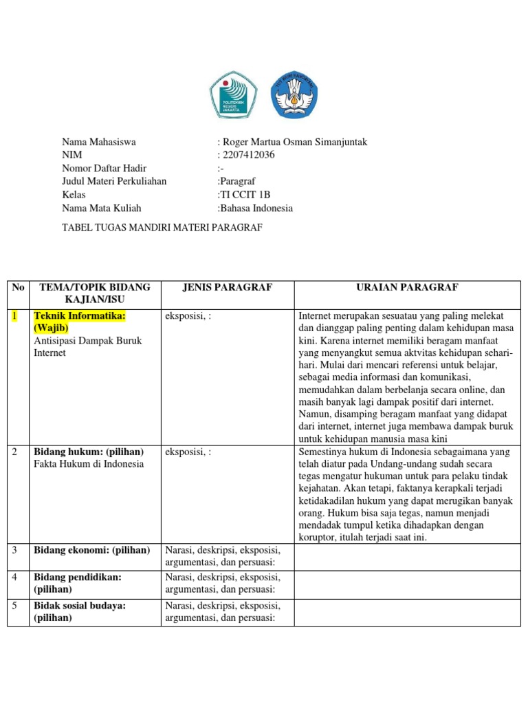 Tabel Tugas Mandiri Materi Paragraf | PDF