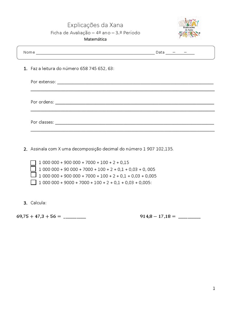 Ficha de Avaliação de Matemática - 4º Ano | PDF | Geometria | Formas ...