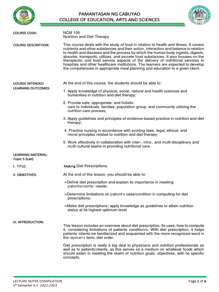 Lab-Ncm 105-Learn Mat Topic 5 Diet Prescription 2022-2023 1st Sem | PDF ...