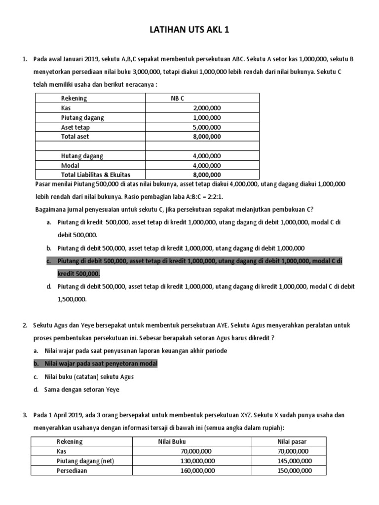 KOMPLIT Pilgan Latihan UTS AKL 1 | PDF