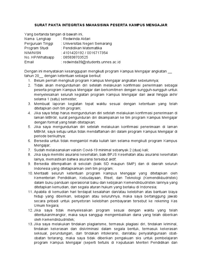 Surat Pakta Integritas Mahasiswa KM5 | PDF | Karier & Perkembangan