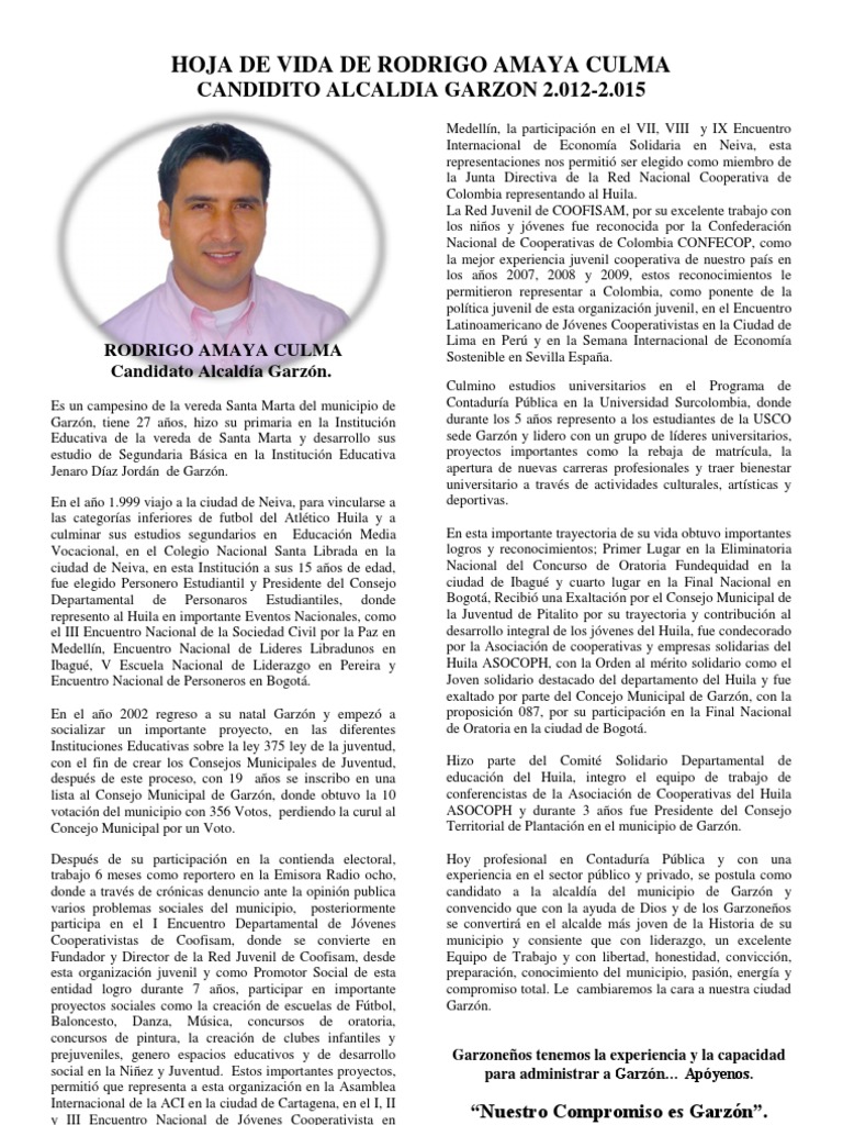 Rodrigo Amaya Culma: Candidato Alcaldía Garzón | PDF | Cooperativa ...
