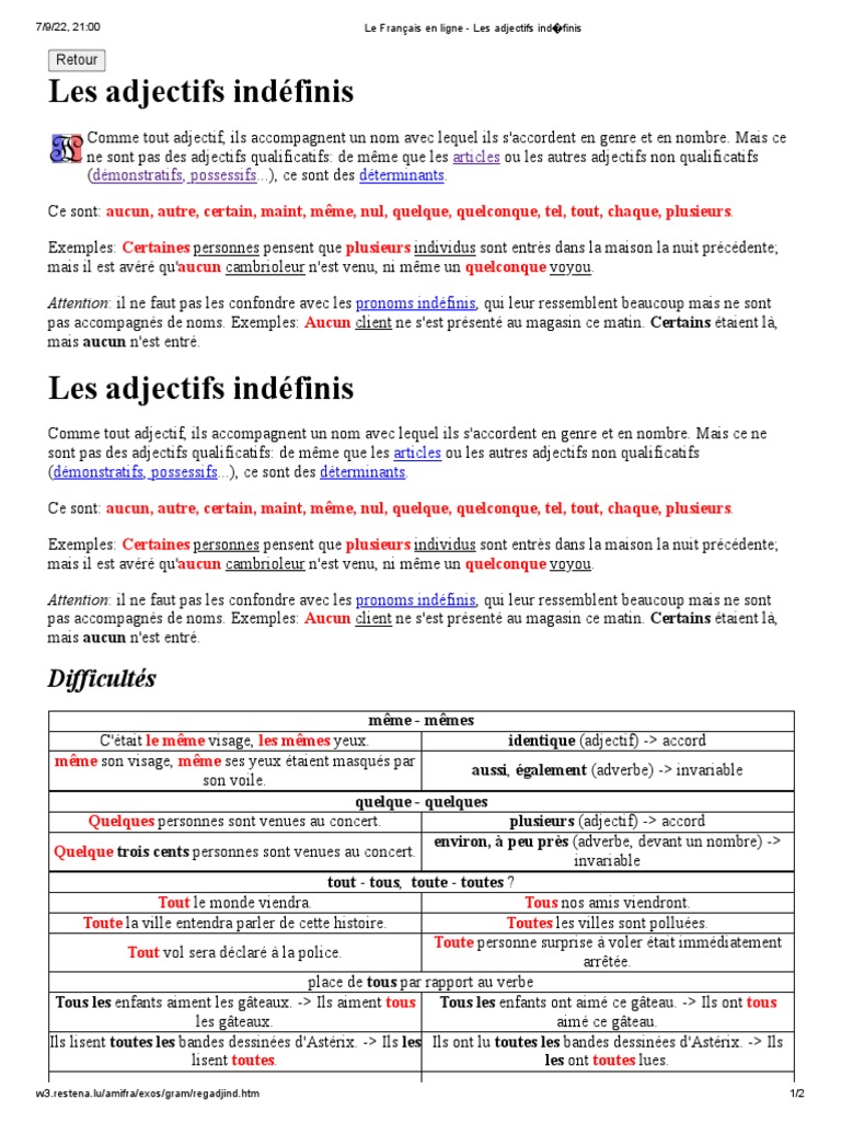 Comprendre les adjectifs indéfinis | PDF | Adverbe | Langues