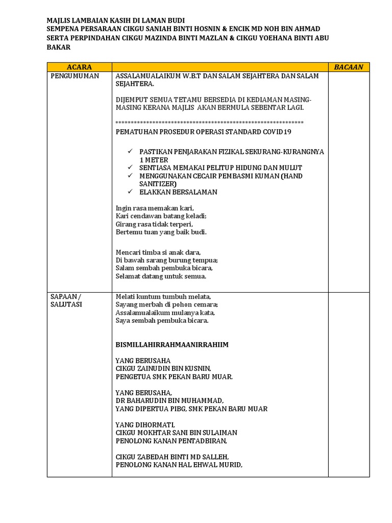 Teks Acara Majlis Setulus Kasih Seikhlas Budi Persaraan Dan Perpindahan ...