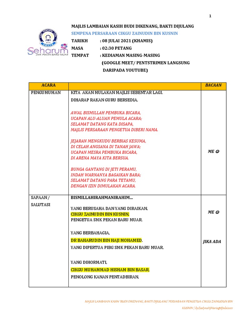 Teks Acara Majlis Persaraan Pengetua Cikgu Zainudin Bin Kusnin 2021 | PDF