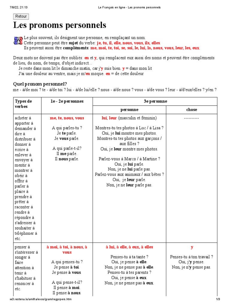 Guide des pronoms personnels en français | PDF | Pronom | Genre grammatical