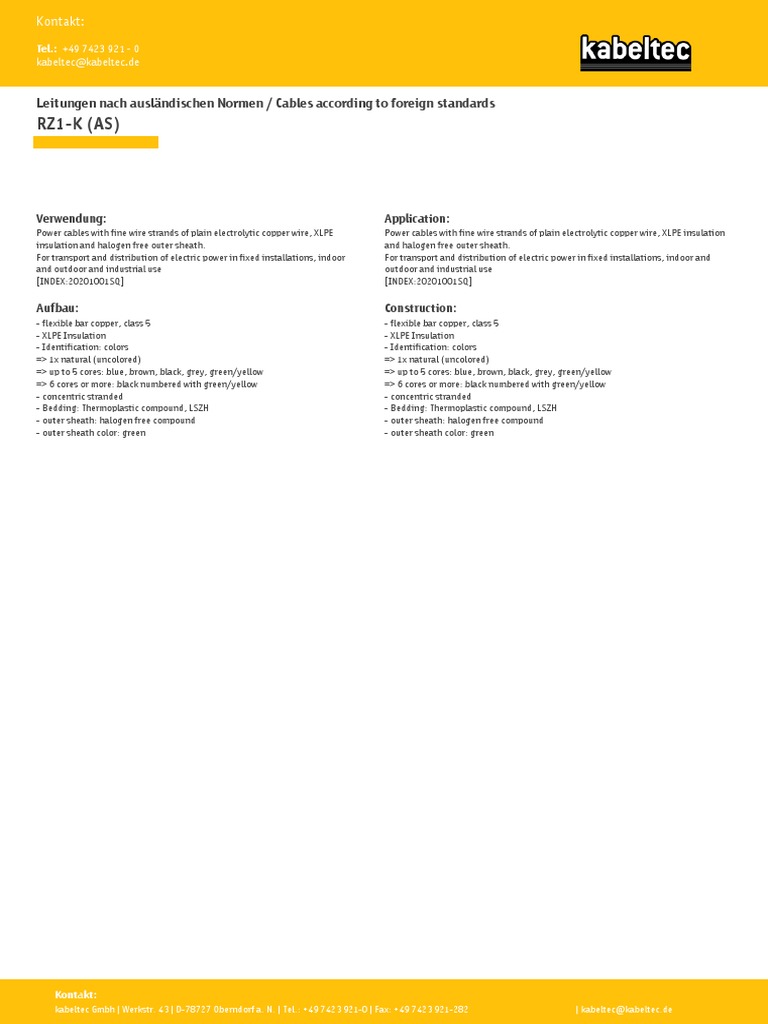 Product Specification Sheet for RZ1-K (AS) Power Cables According to ...