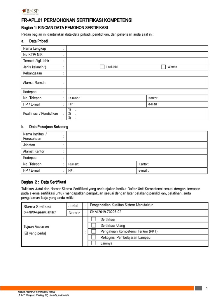 Apl.01 Permohonan Sertifikasi Kompetensi | PDF