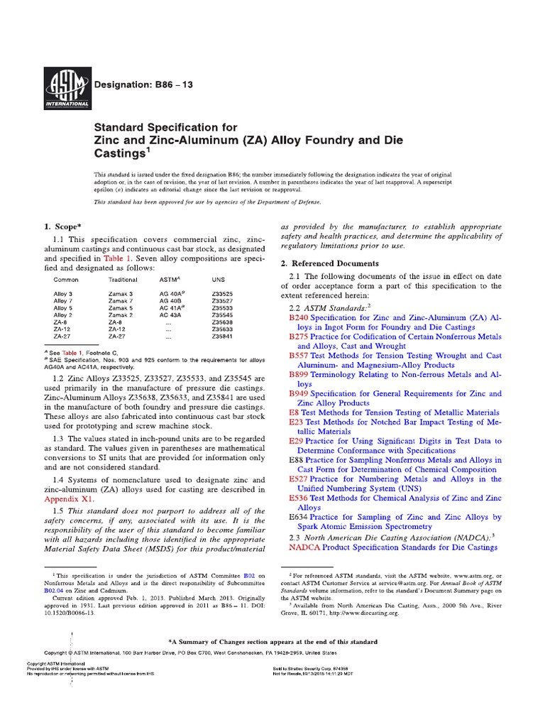 ASTM B 86-13 (Standard Specification For Zinc and Zinc-Aluminum (ZA) Alloy Fo.. | PDF