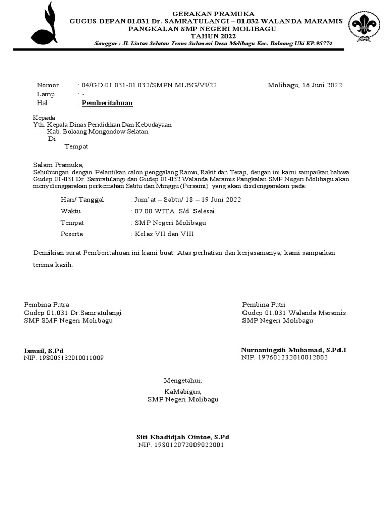Contoh Surat Pemberitahuan Kegiatan Pramuka | PDF