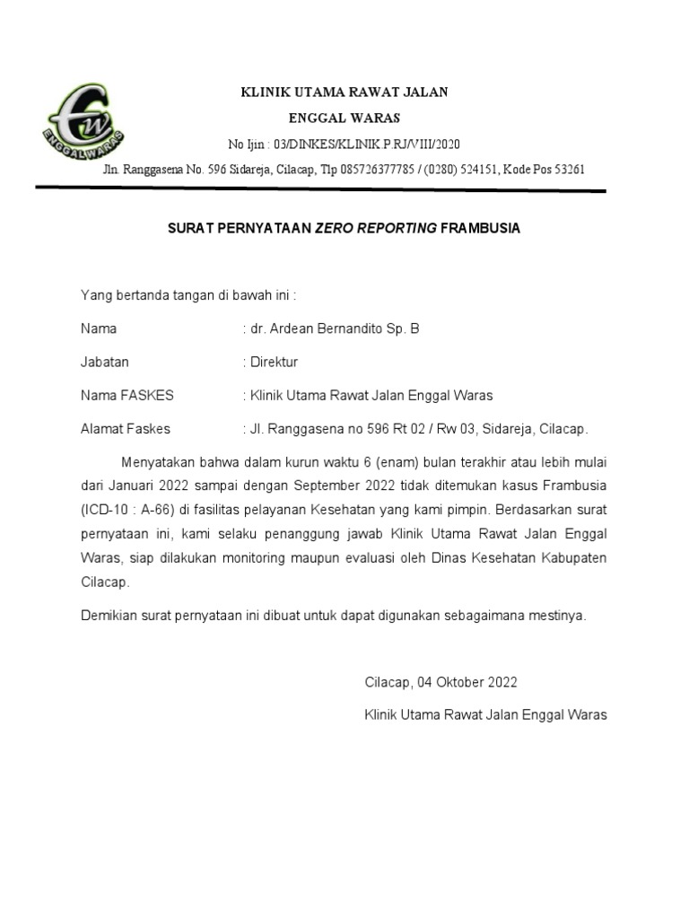 Surat Pernyataan Zero Reporting Frambusia | PDF