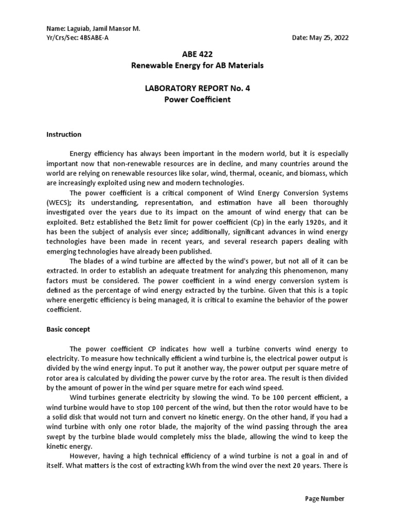 Lab Exe No. 4 - Power Coefficient | PDF | Wind Turbine | Turbine