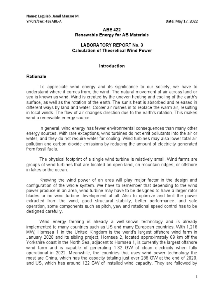 Lab Exe No. 3 - Calculation of Theoretical Wind Power | PDF | Wind ...