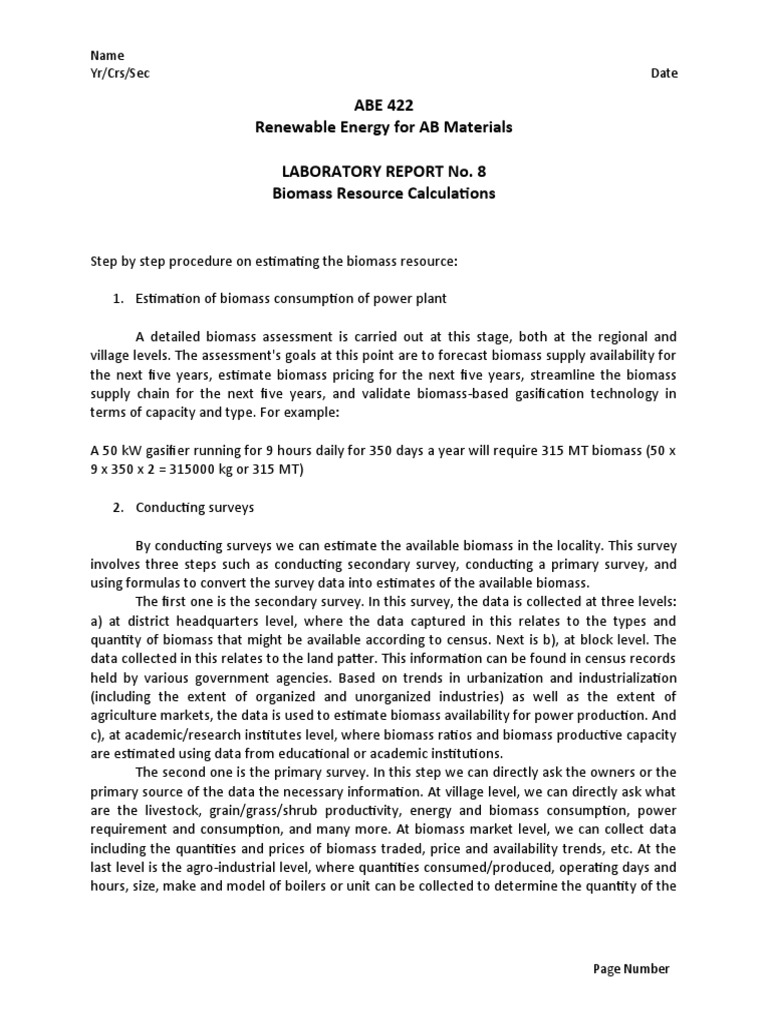 Lab Exe No. 8 - Biomass Resource Calculations | Download Free PDF ...
