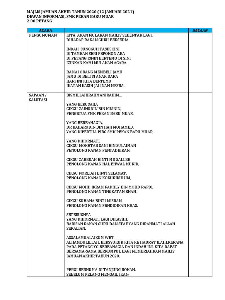 Teks Acara Majlis Jamuan Akhir Tahun 2020 (Jan 2021) | PDF | Bisnis ...