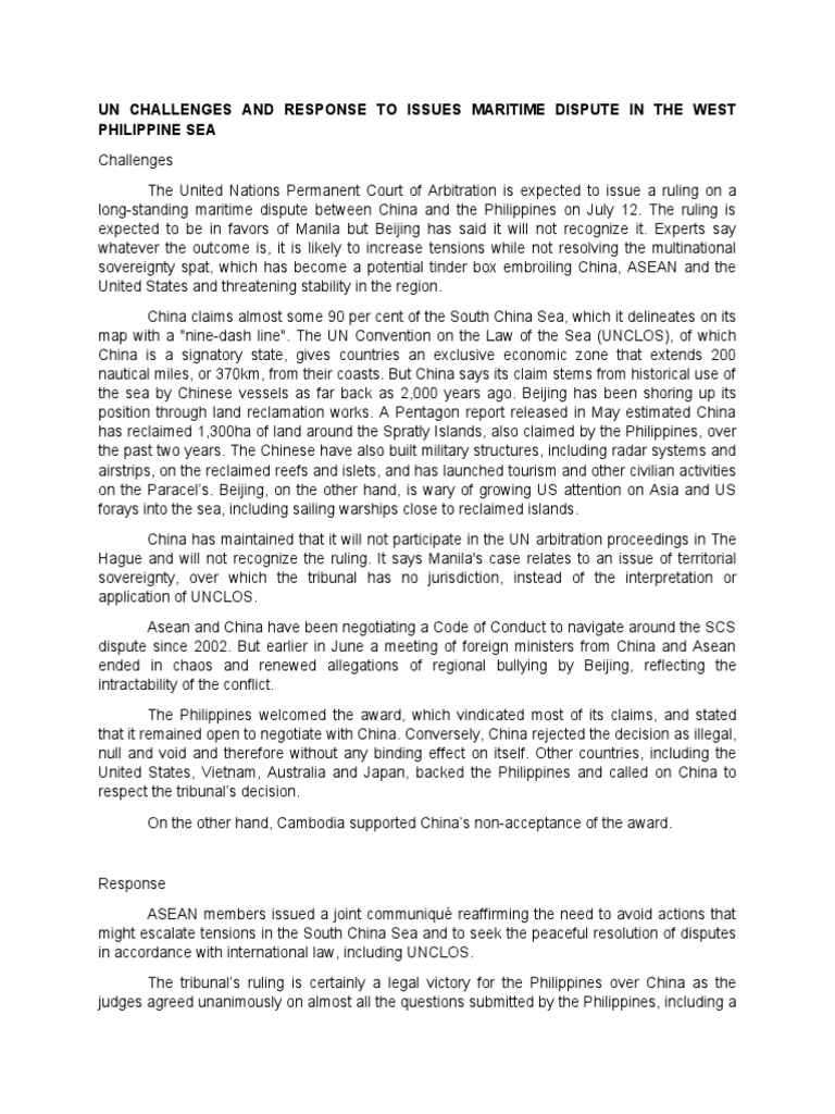 Un Challenges and Response To Issues Maritime Dispute in The West ...