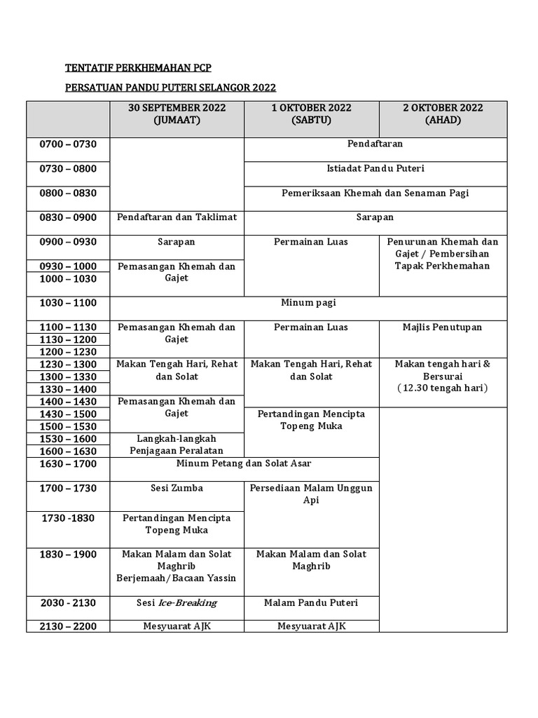 Jadual Perkhemahan PCP 2022 | PDF