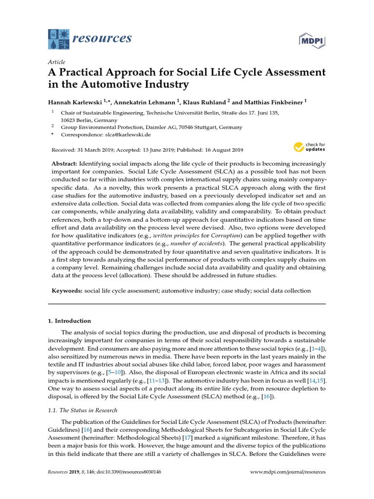 A Practical Approach For Social Life Cycle Assessment in The Automotive ...