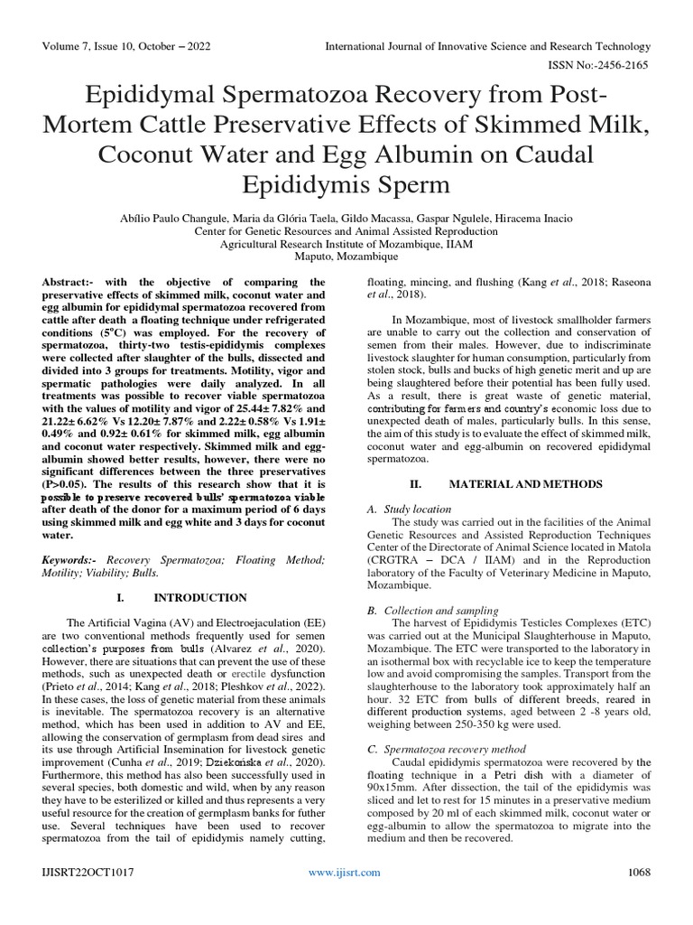 Epididymal Spermatozoa Recovery From PostMortem Cattle Preservative Effects of Skimmed Milk ...