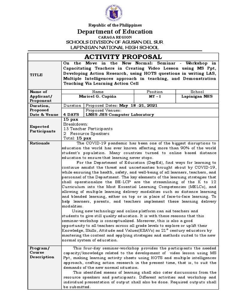Activity Proposal For Capacity Building For TeachersLNHS 2021 | PDF ...