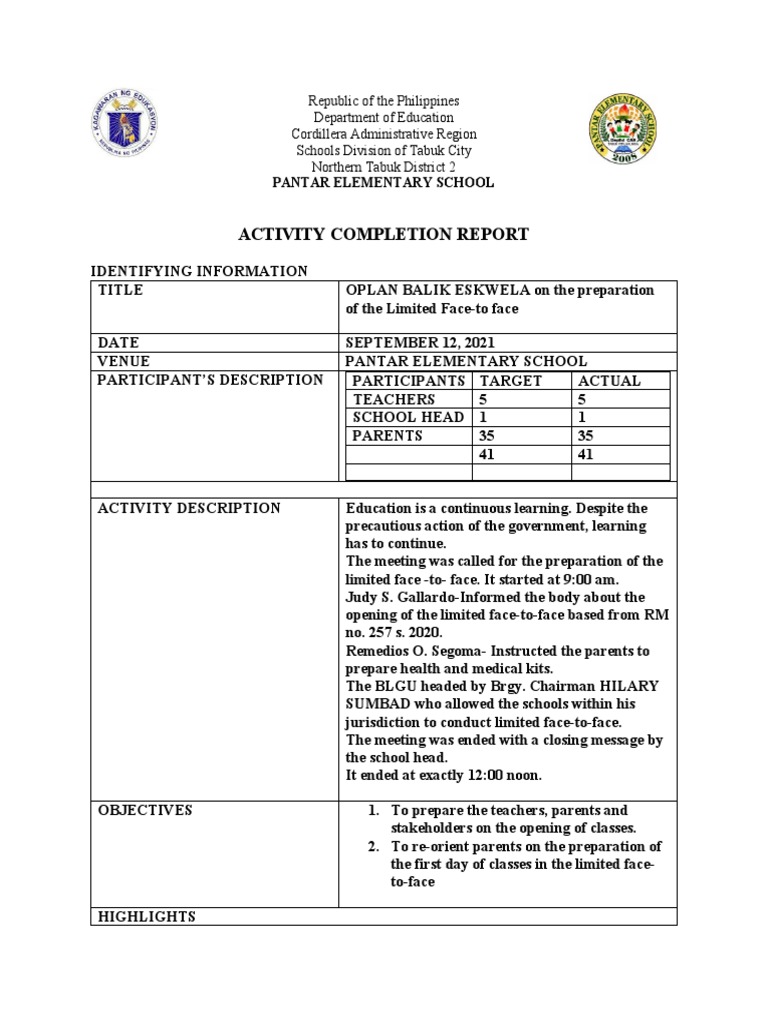 Oplan Balik Eskwela Report | PDF | Learning | Behavior Modification