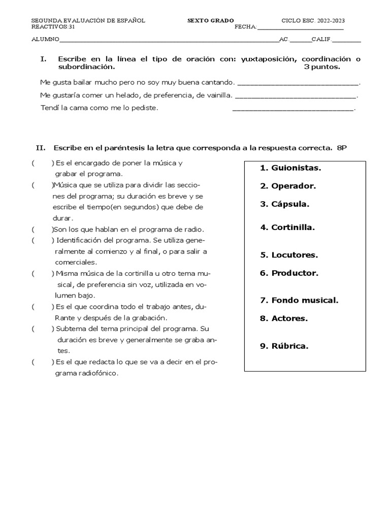 6to - Examen de Español - Segunda Evaluacion | PDF | Radiodifusión