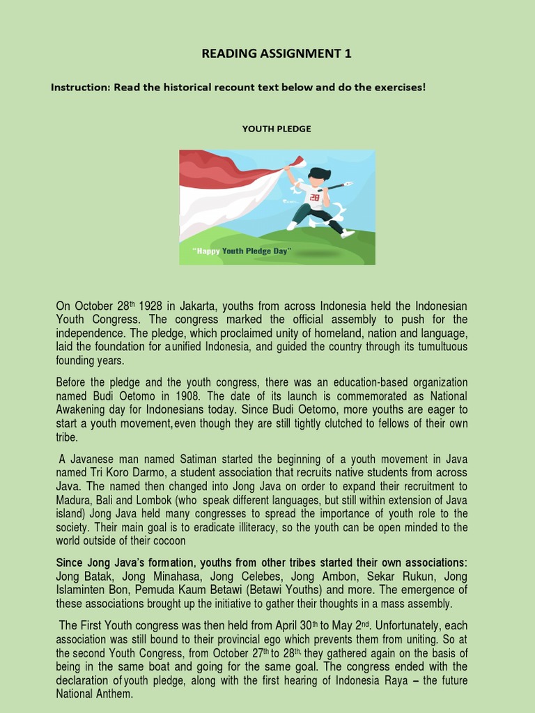 Reading Assignment - Youth Pledge Day | PDF | Java | Indonesia