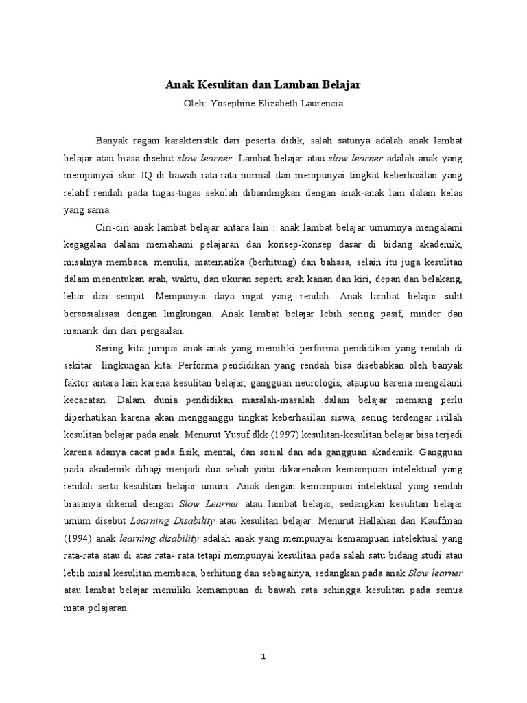 Artikel Tentang Kesulitan Dan Lambat Belajar Pada Anak | PDF