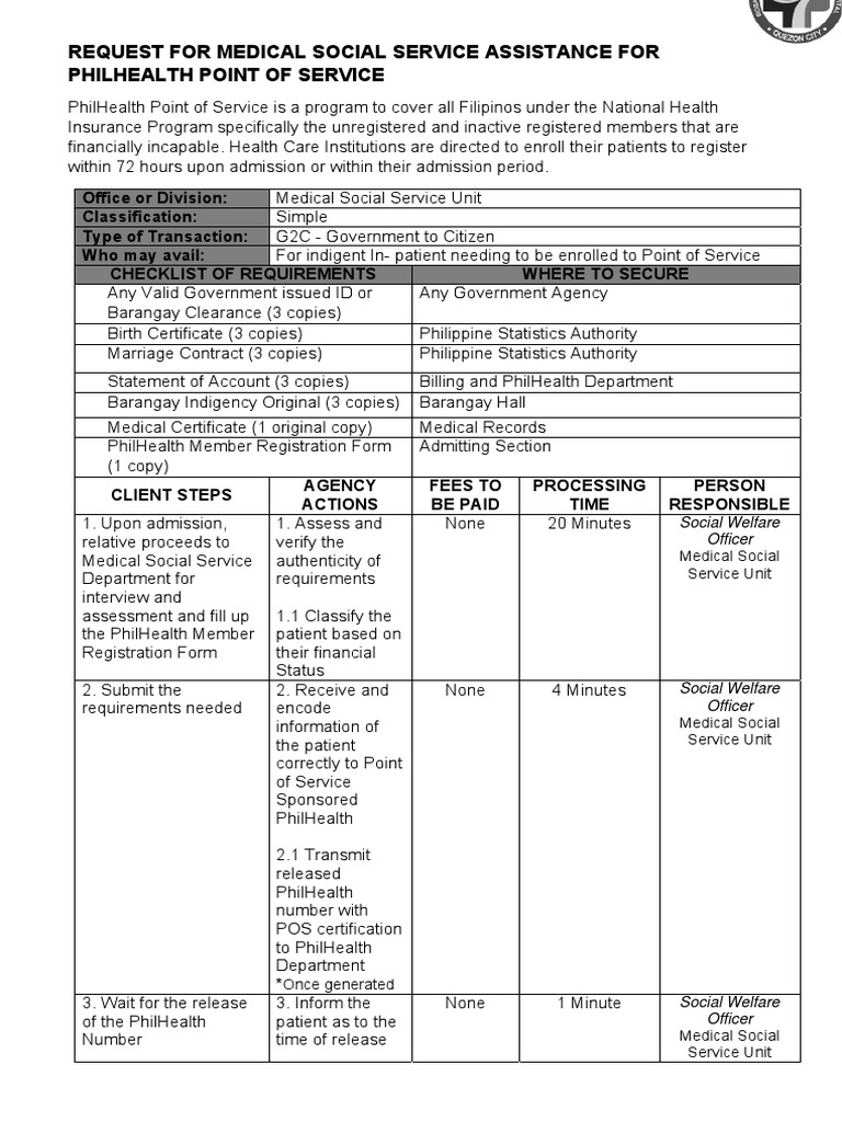 Request For Medical Social Service Assistance For Philhealth Point of ...
