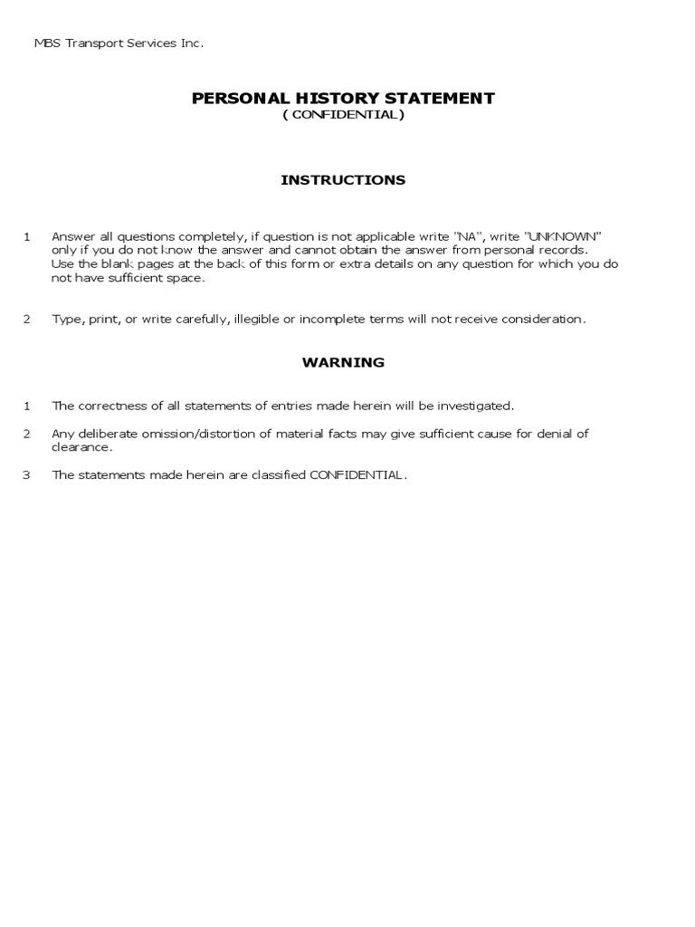 Personal History Statement - Employee Profile | Download Free PDF ...